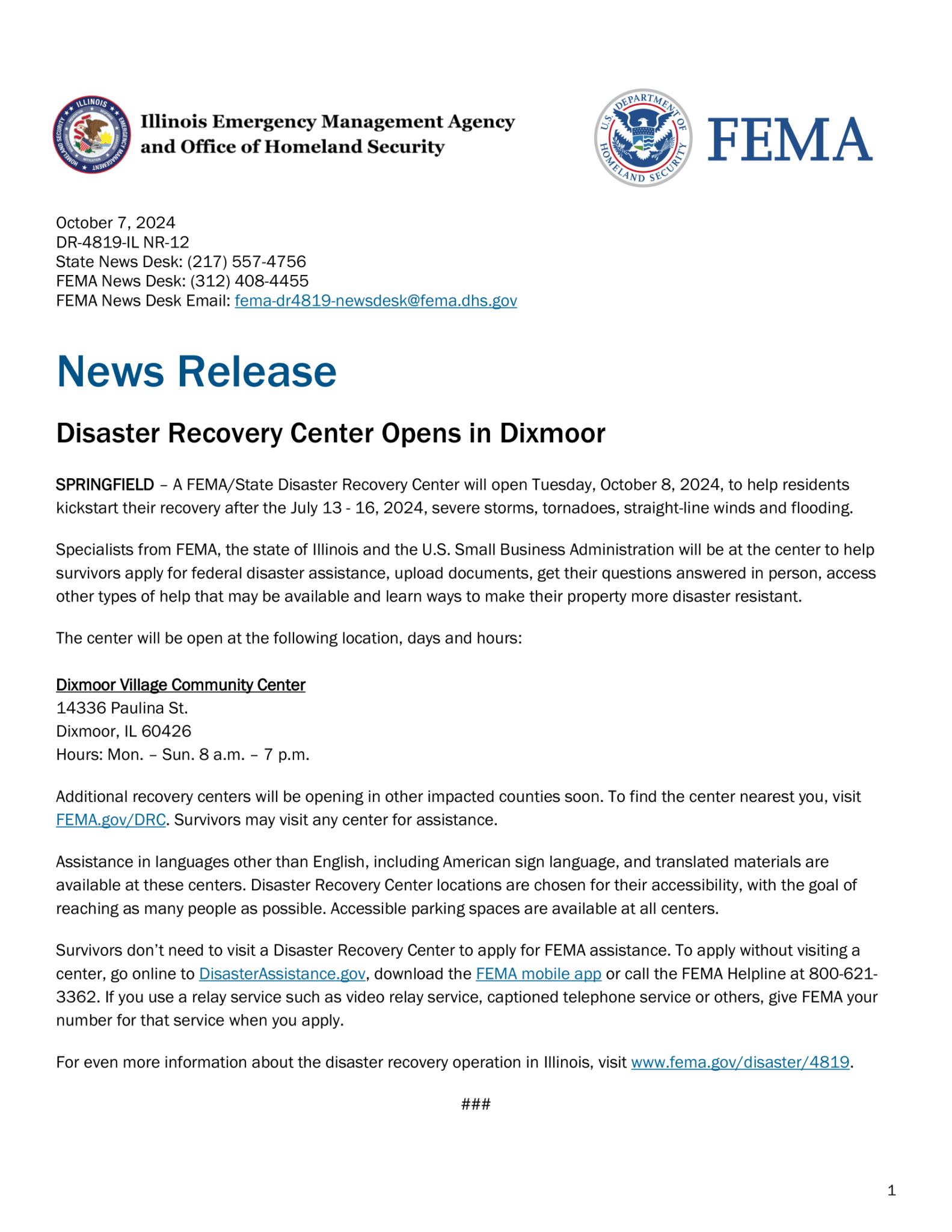 Disaster Recovery Center Opens in Dixmoor – City of Harvey